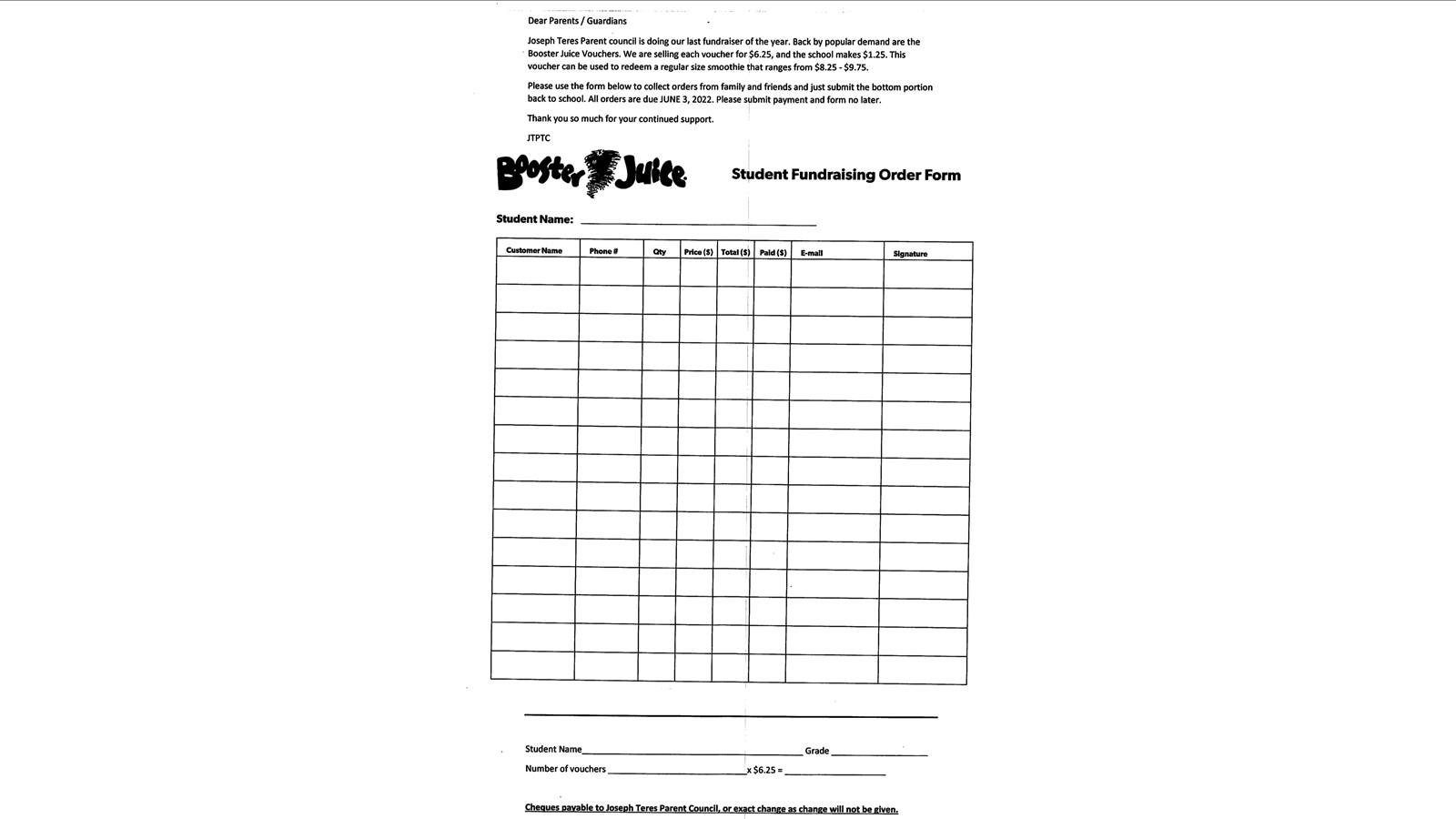 JOSEPH TERES PARENT COUNCIL BOOSTER JUICE FUNDRAISER