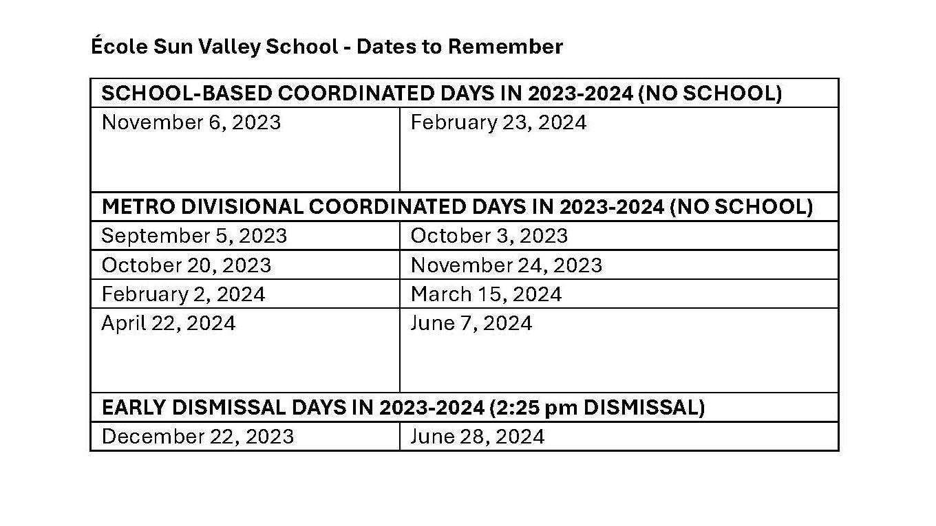 École Sun Valley School - DATES TO REMEMBER 2023-2024